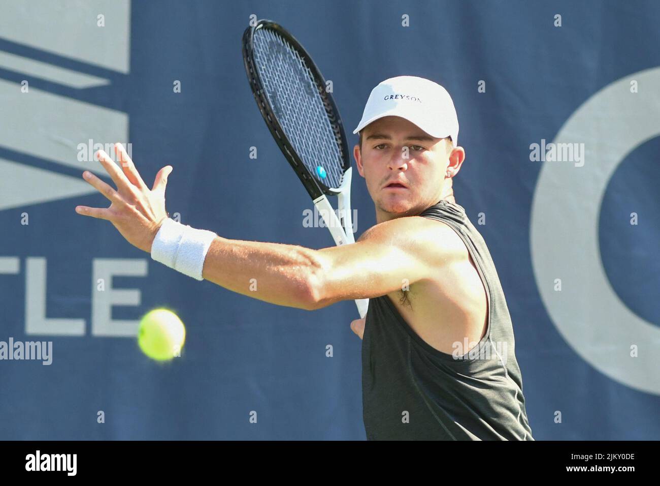 Washington, D.C, USA. 3rd Aug, 2022. J.J. WOLF hits a forehand during ...