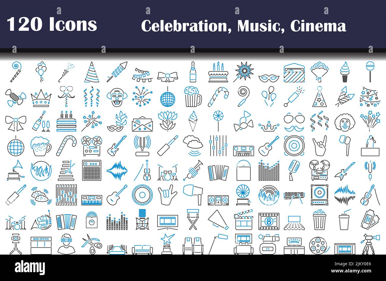120 Icons Of Celebration, Music, Cinema. Editable Bold Outline With ...