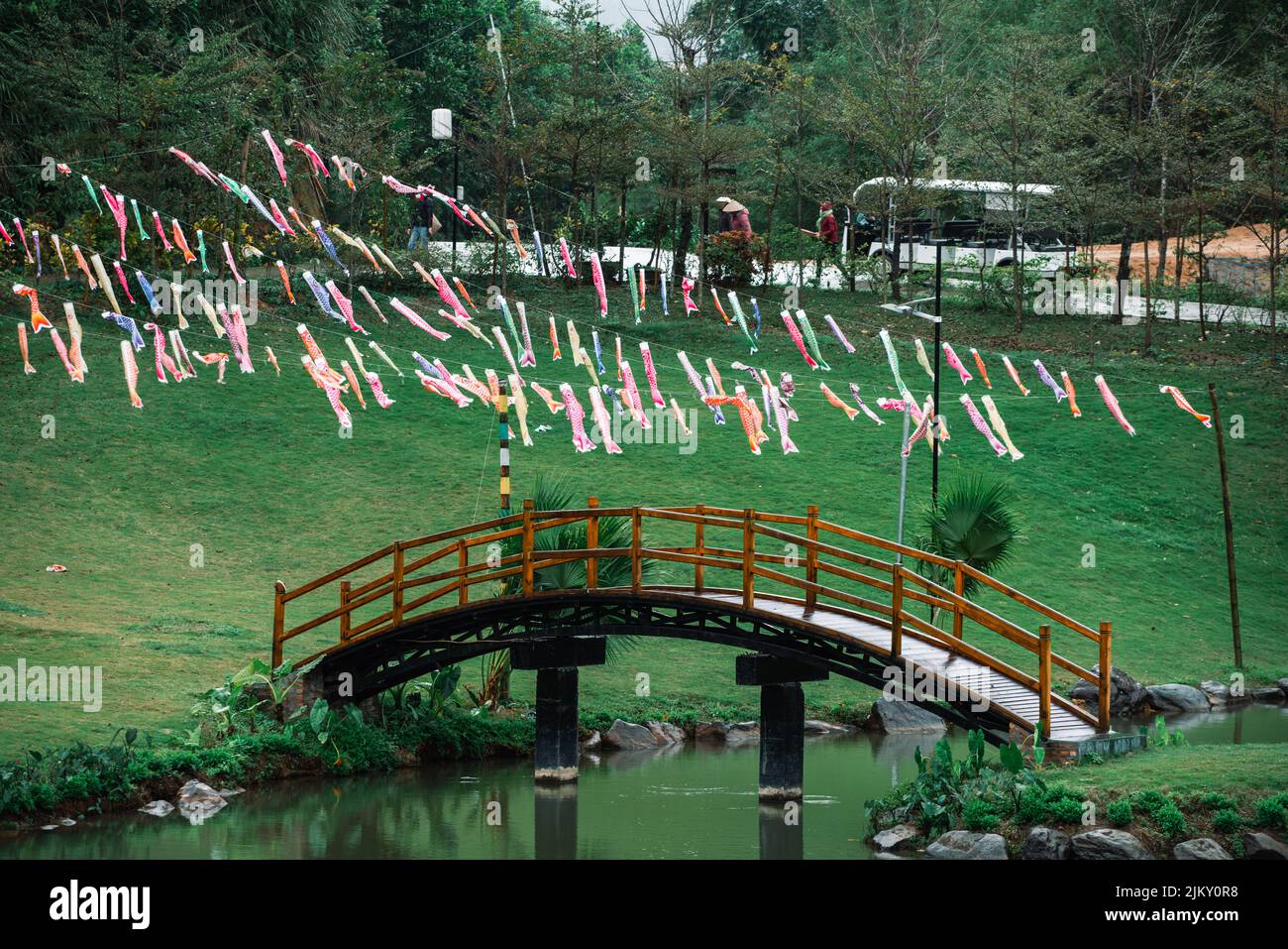 A view of a beautiful bridge over a pond in a green park with colorful ...