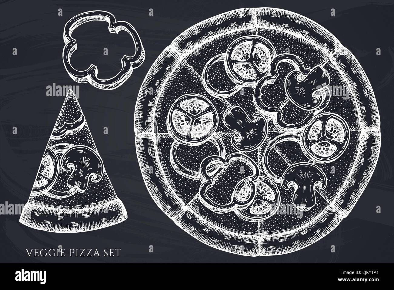 Pizza hand drawn vector illustrations collection. Chalk veggie pizza ...