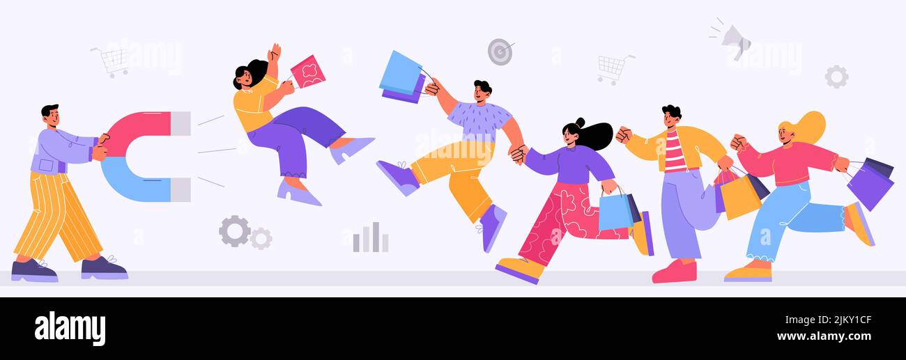 Customer retention, smm concept. Man holding huge magnet attract ...