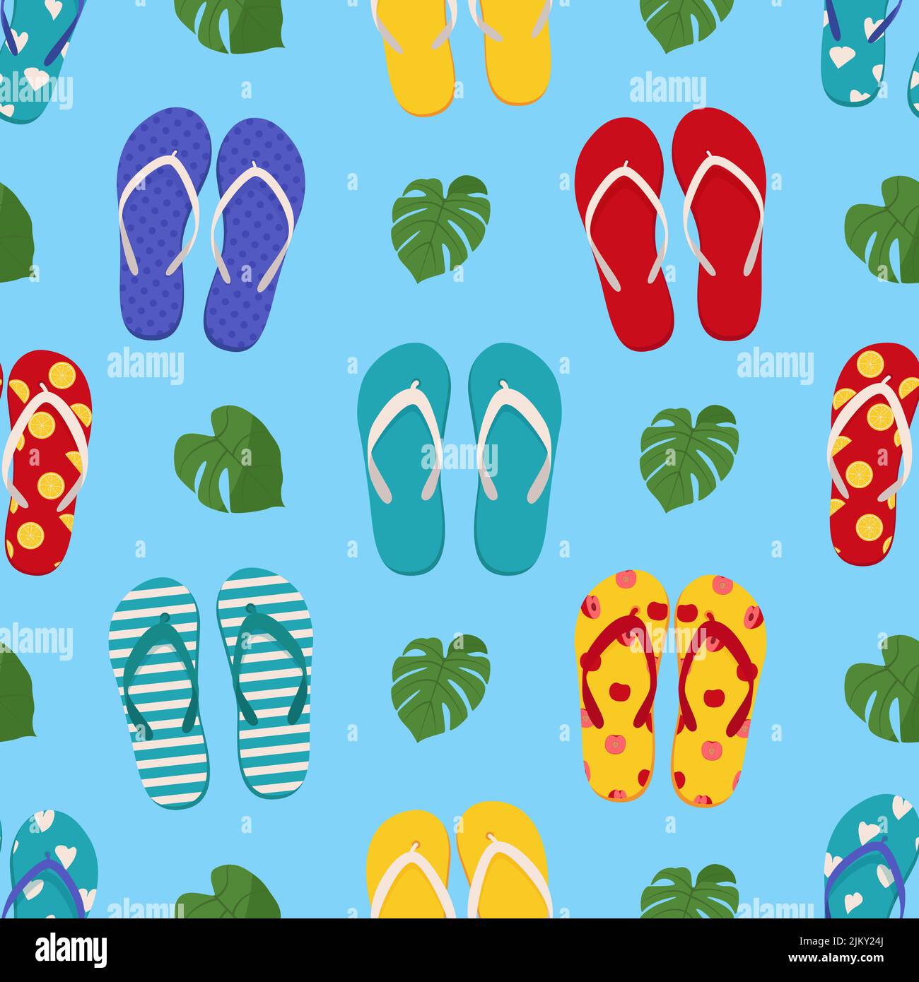 Pair of beach slippers. Summer flip flops seamless pattern. Flat vector illustration Stock ...