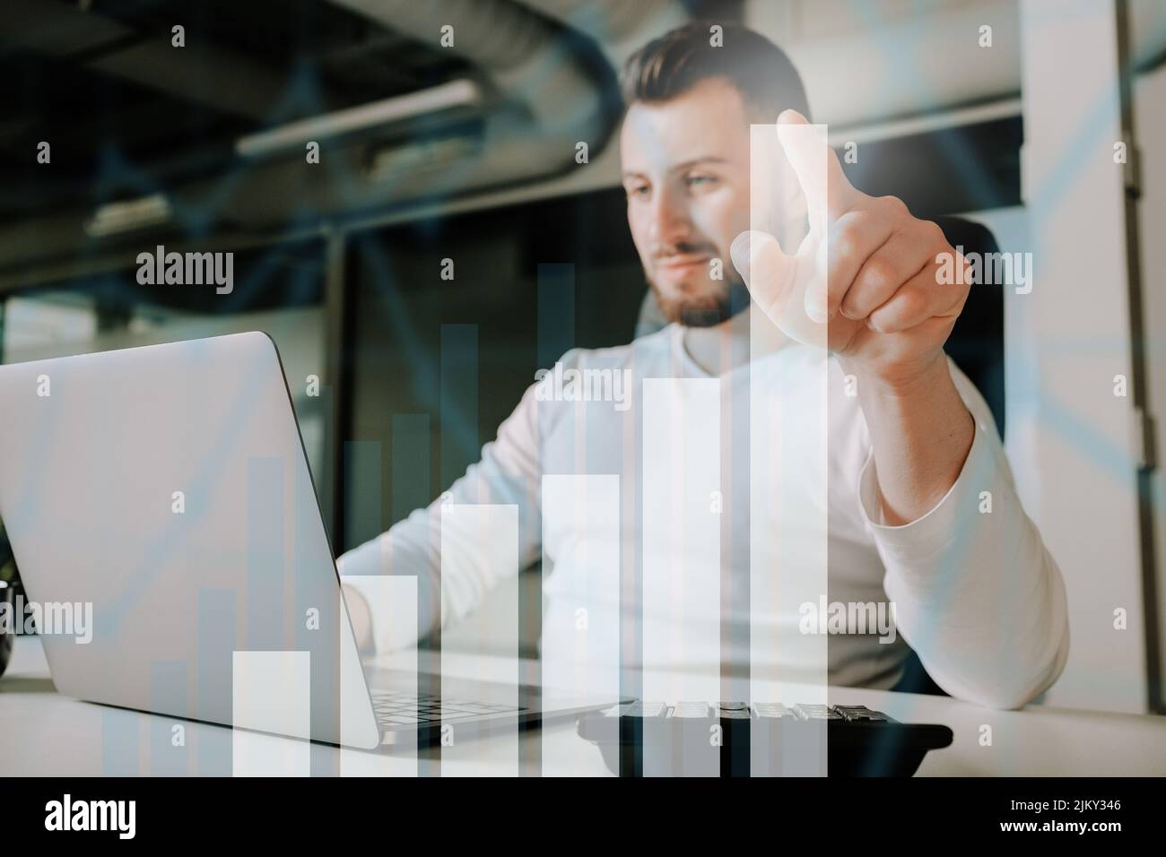 Man with a growing graphic. Concept of business and activity growth ...