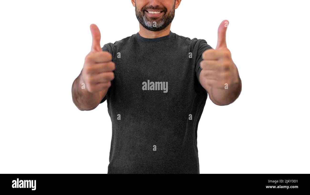 Mockup of blank T-shirt men. Happy male guy showing thumbs up and ...