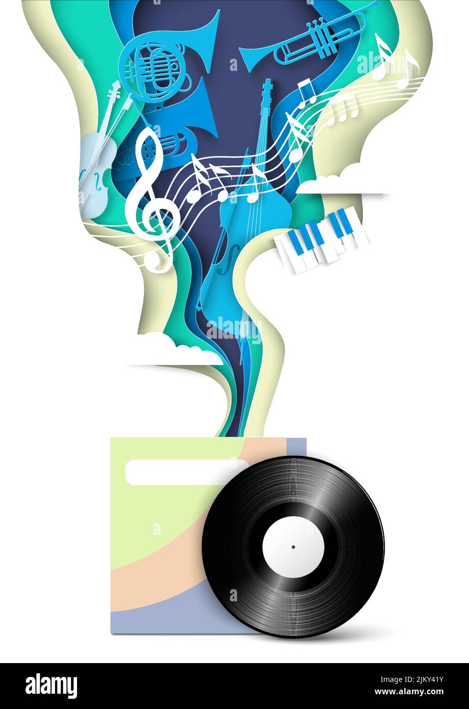 Abstract music background with vinyl disk and notes, musical instrument ...