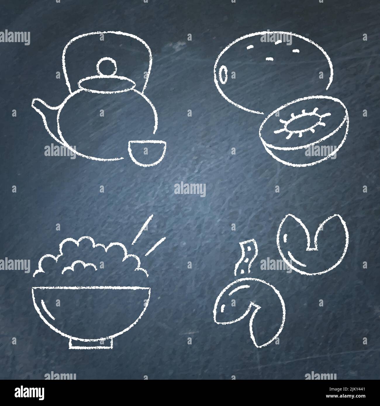 Chinese traditional symbols icon set on chalkboard. Asian food and ...