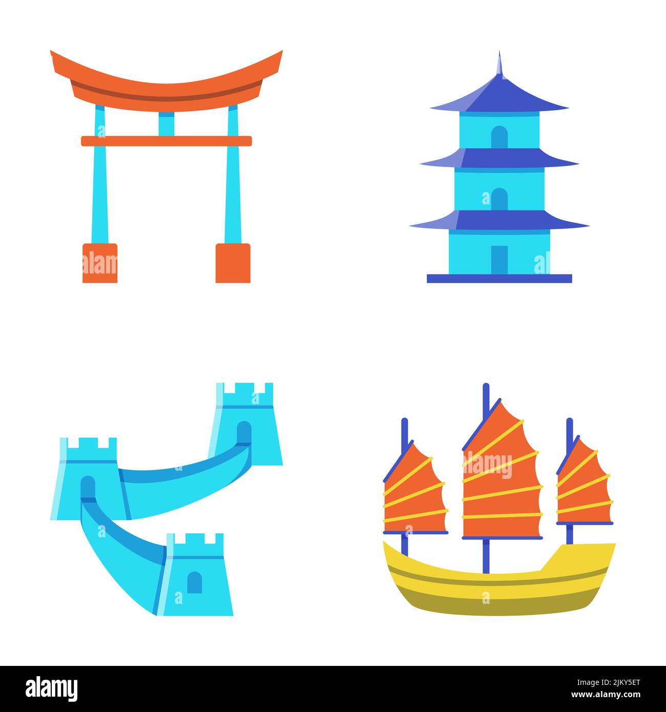 Chinese traditional symbols icon set in flat style. Great wall of China ...
