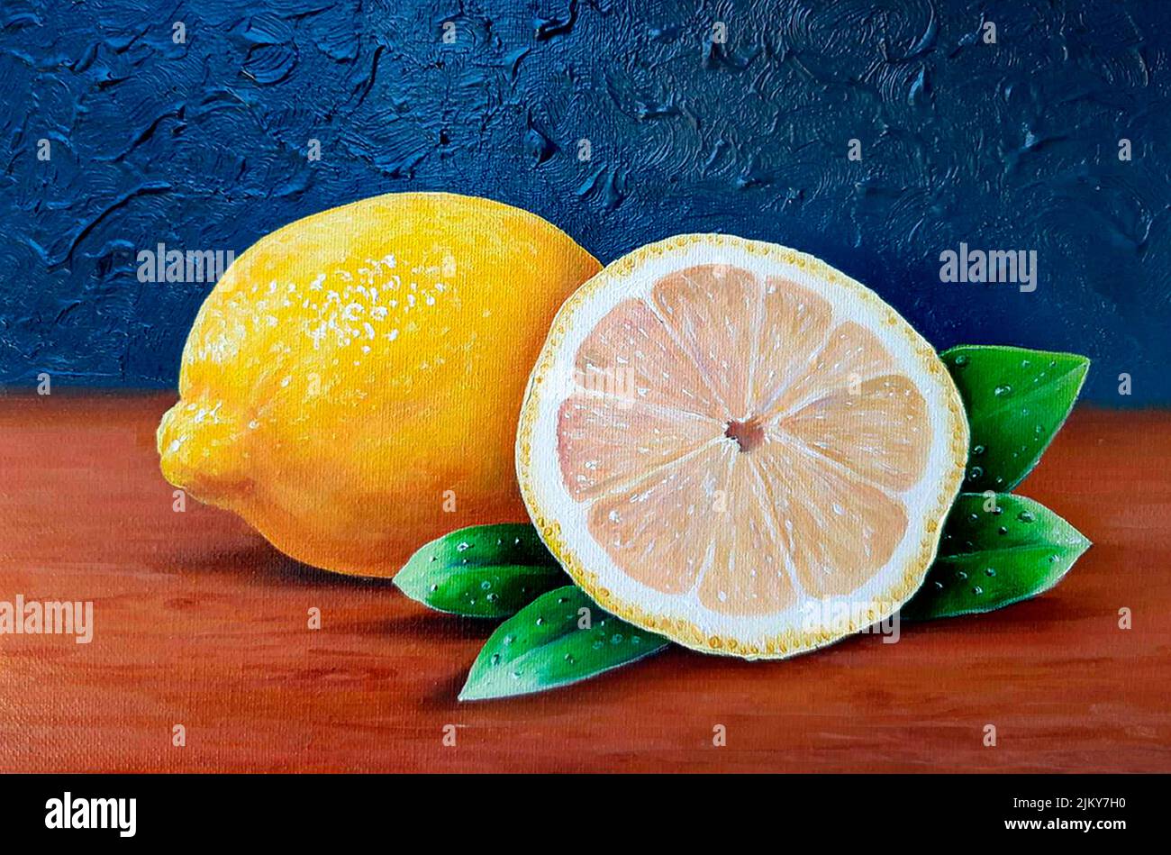 An oil painting depicting a still life of whole and half lemons on a ...