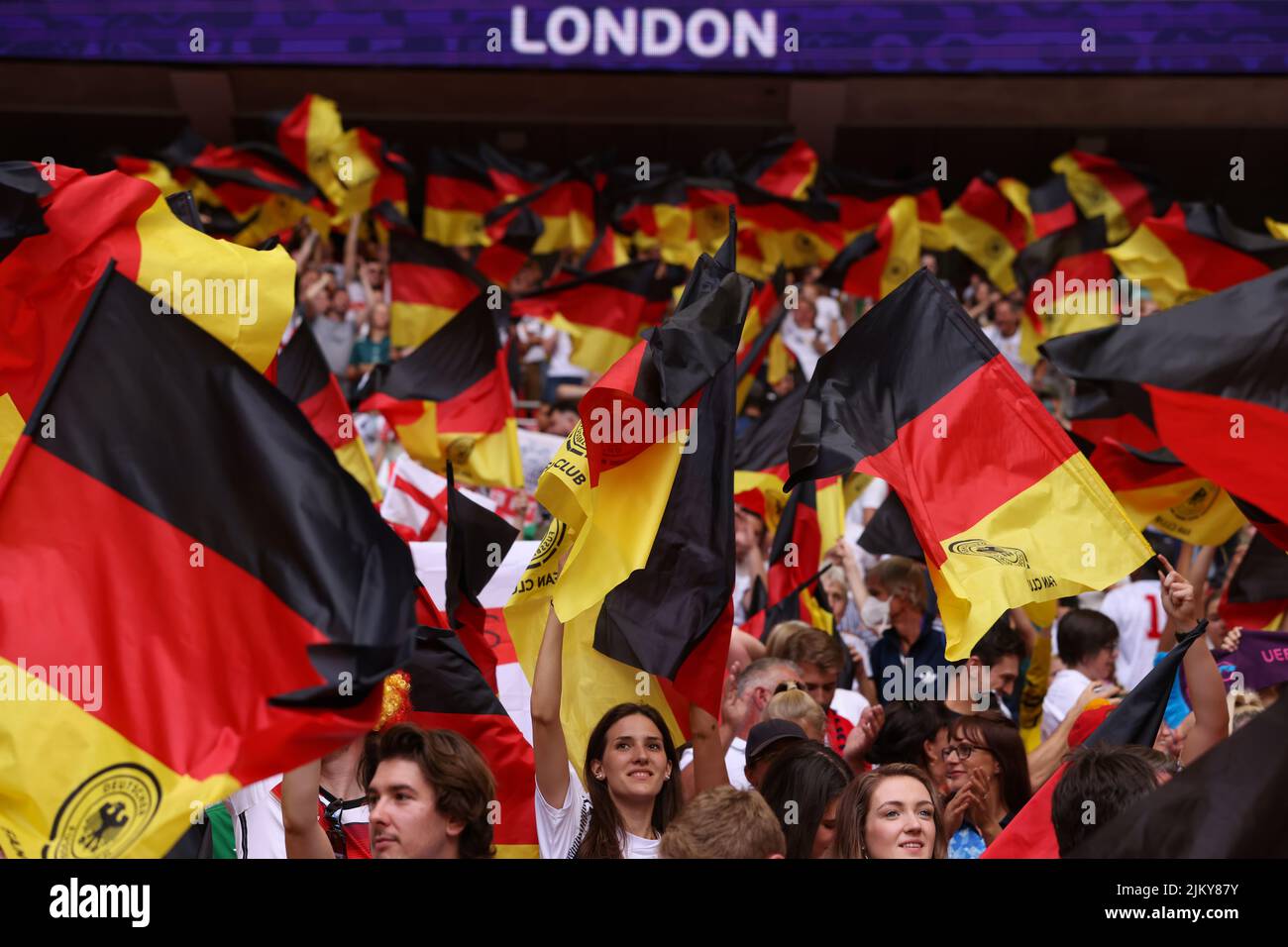 London, England, 31st July 2022. German flags are seen during the UEFA ...