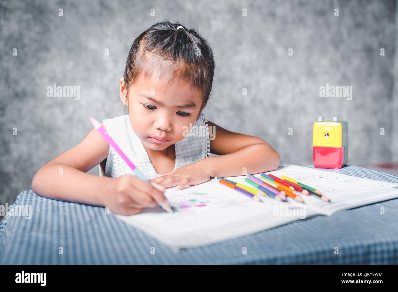 A girl learning to paint on a book She is passionate and fun in ...