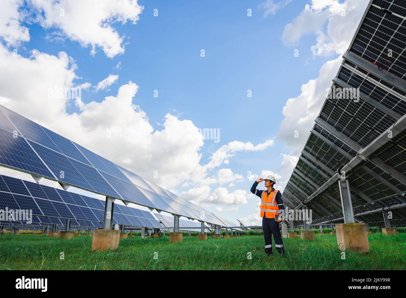 Technicians are checking the operation of the solar power plant ...