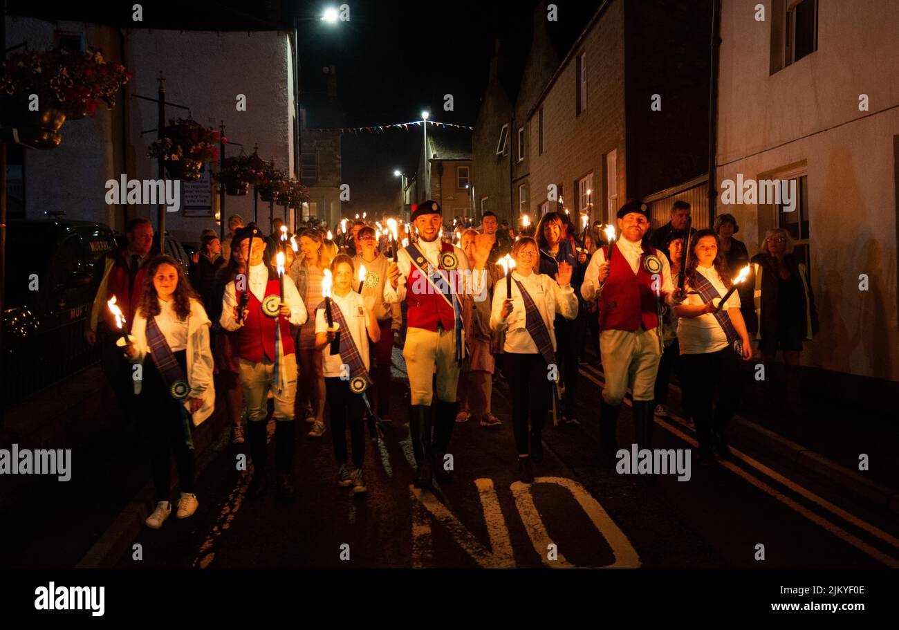 Coldstream, Scottish Borders, The Torchlight Procession led by the ...