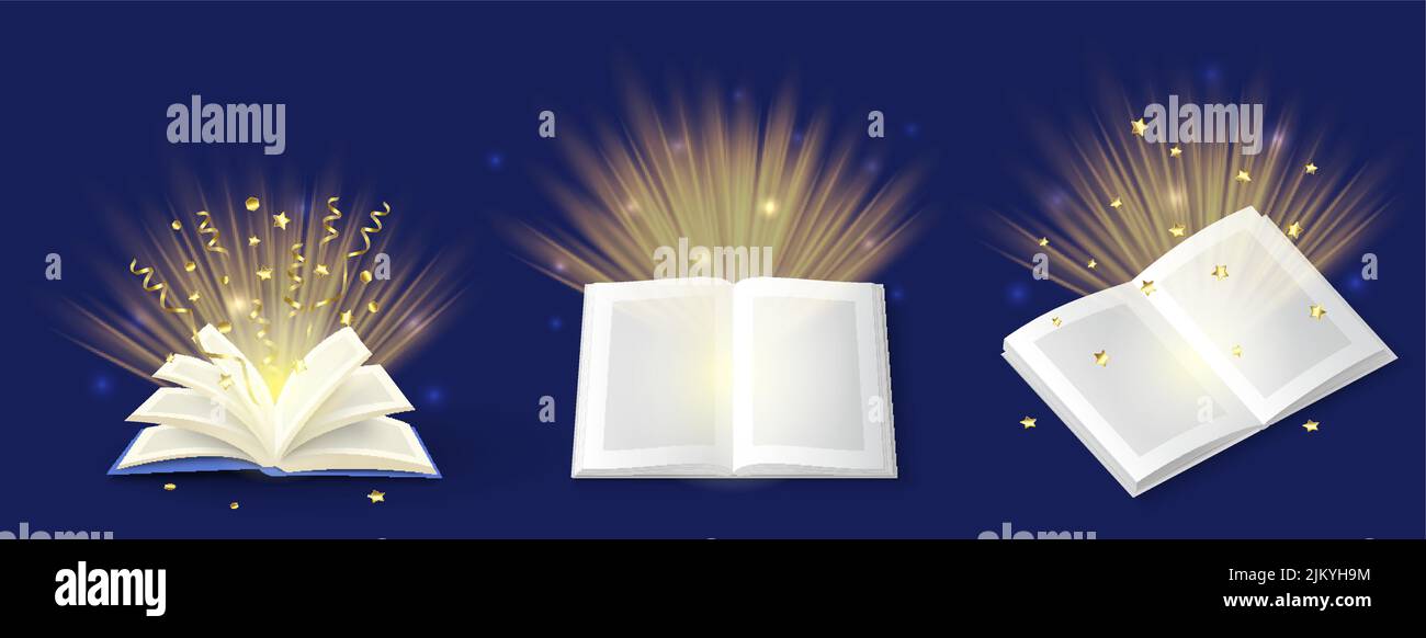 Magic books with lights realistic vector design. Fantasy or fairy tale ...