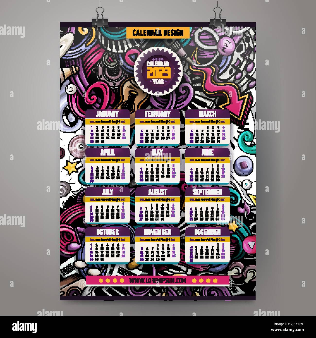 Cartoon colorful doodles Musical 2023 year calendar Stock Vector Image ...