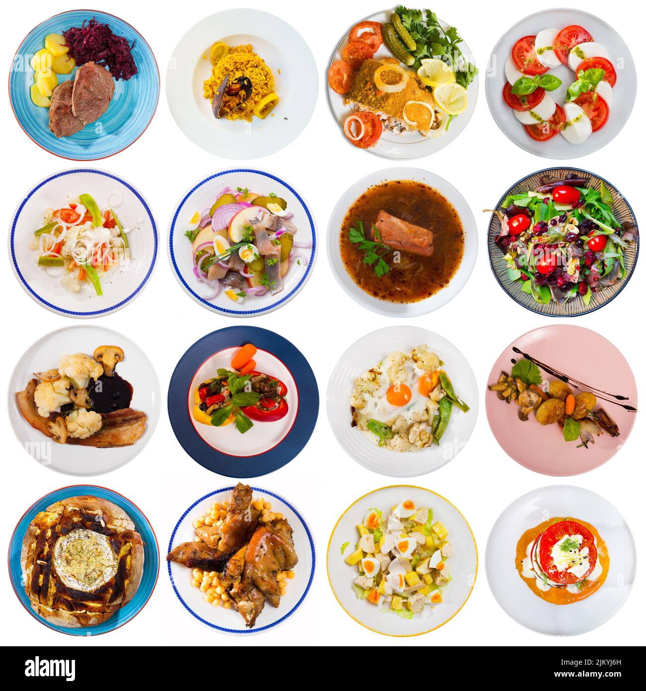 Collage of different dishes on round plates Stock Photo - Alamy