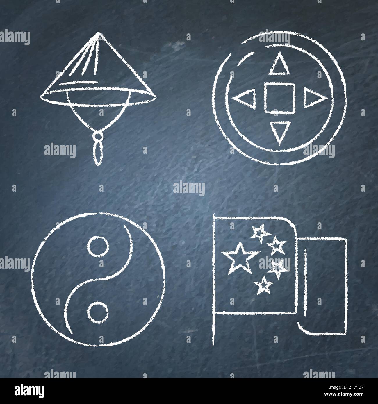 Chinese national symbols icon set on chalkboard. Flag of China, yin ...
