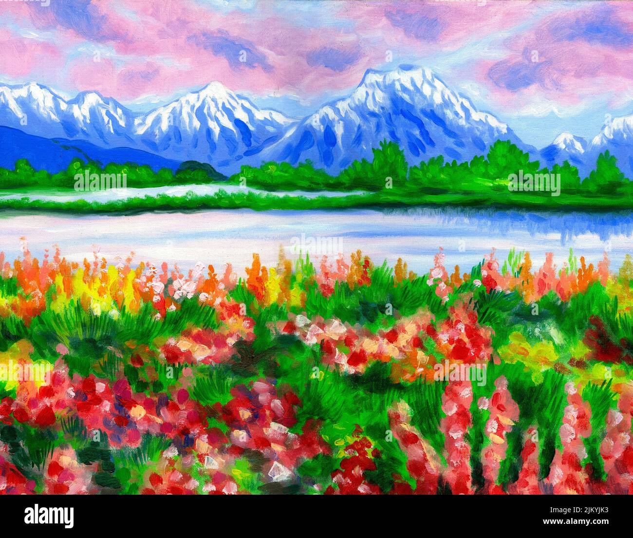 An oil painting depicting the riverside flowers and snowcap mountains ...