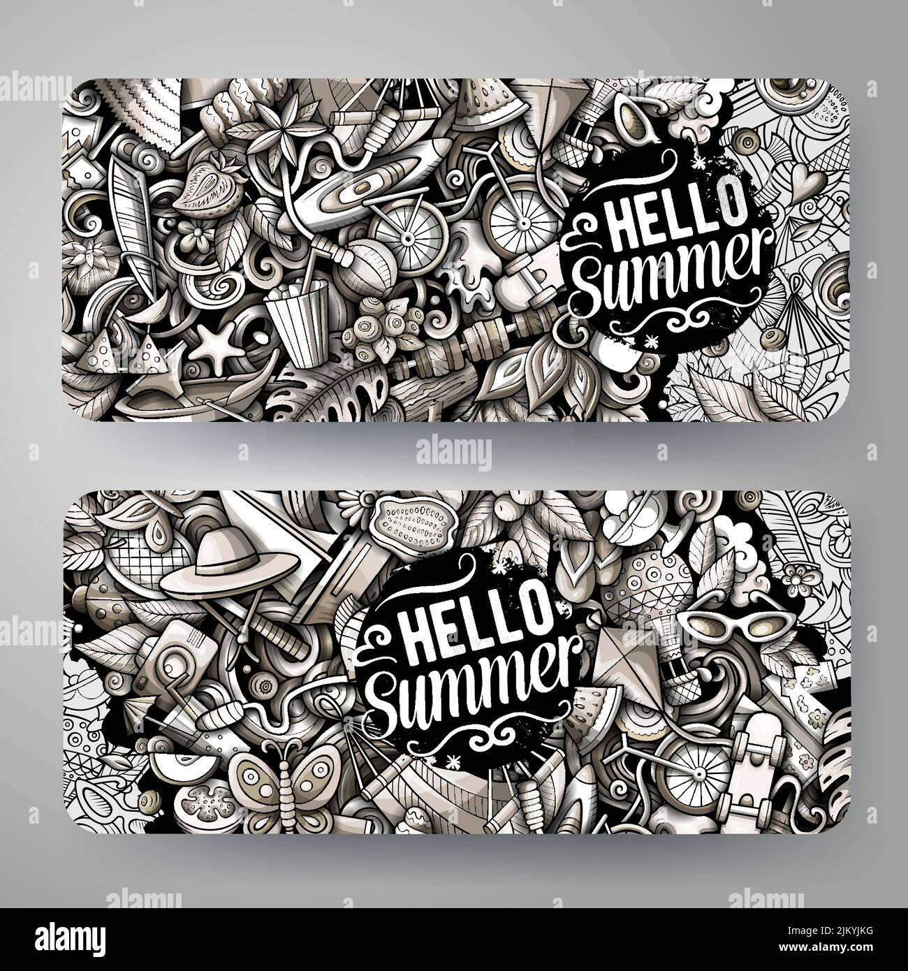 Cartoon cute doodles Summer horizontal banners set Stock Vector Image ...