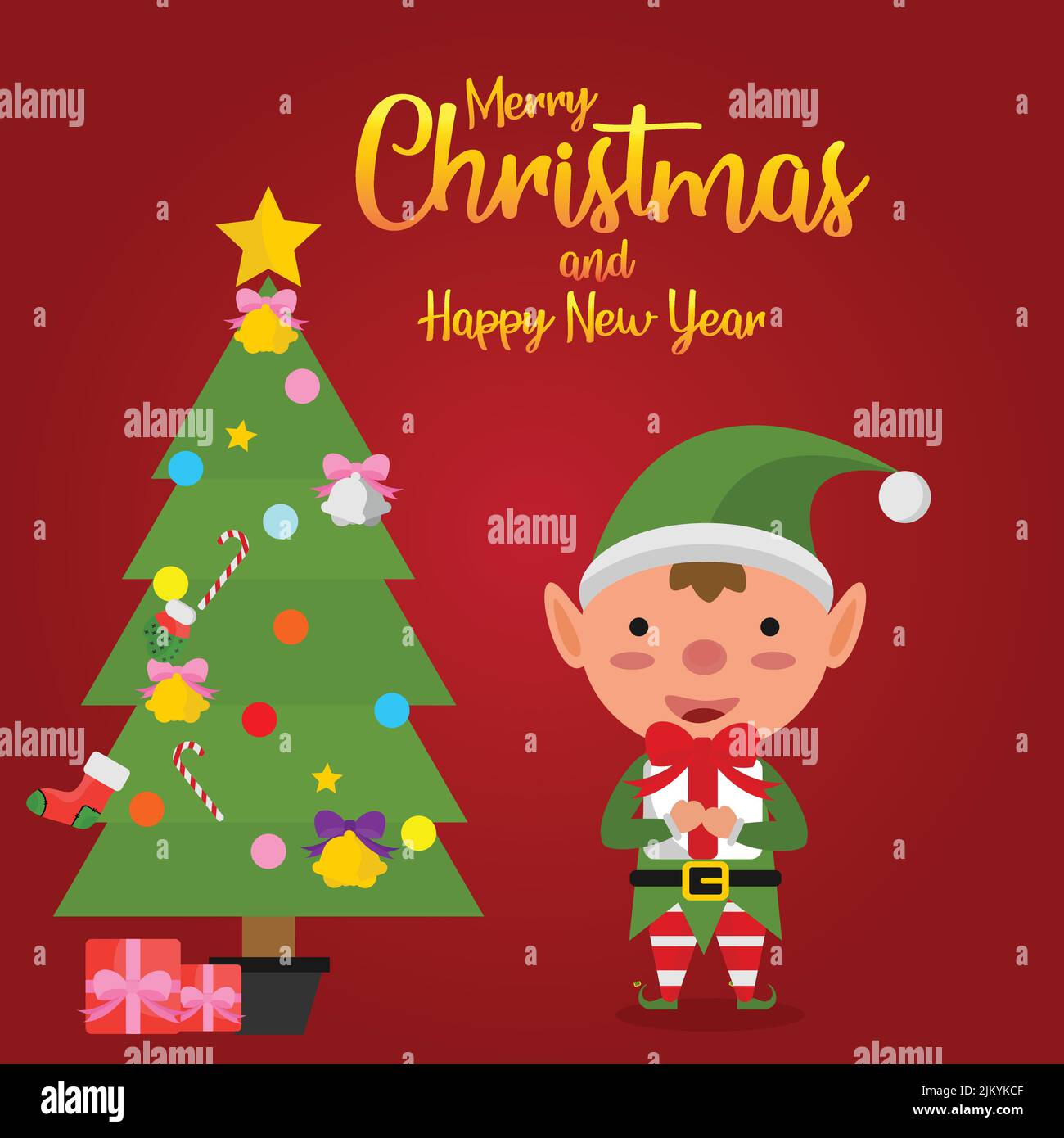 A Christmas card design with cute elf near a Christmas tree on ted ...