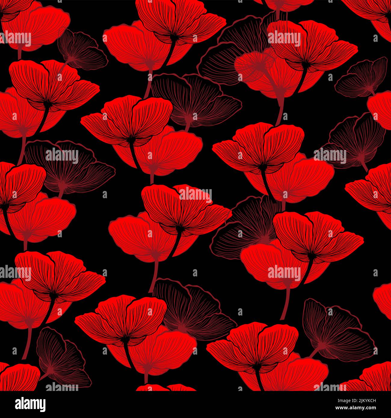 Seamless pattern poppies red on a black background.. Vector ...