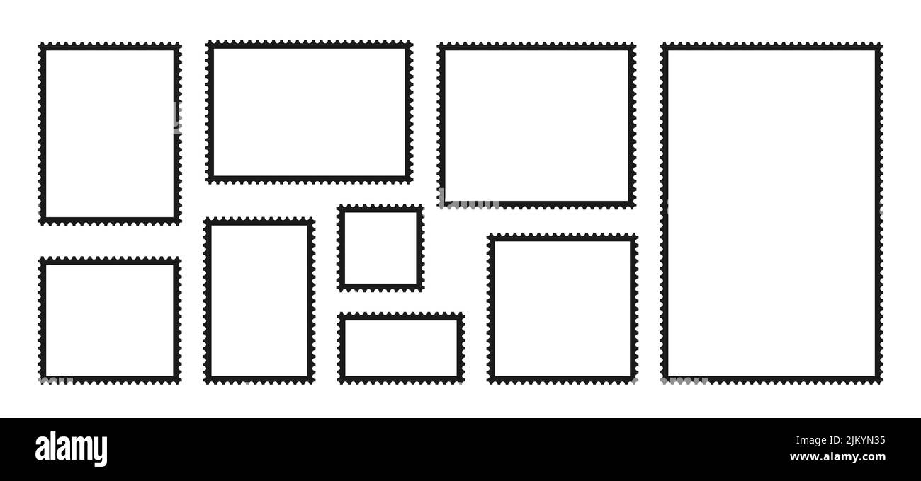 Postage stamp frames set. Empty border template for postcards and letters. Blank rectangle and ...