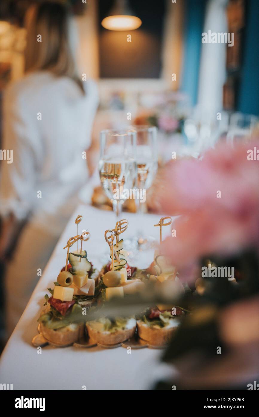 A vertical shallow focus shot of tasty canapes for the buffet on the ...