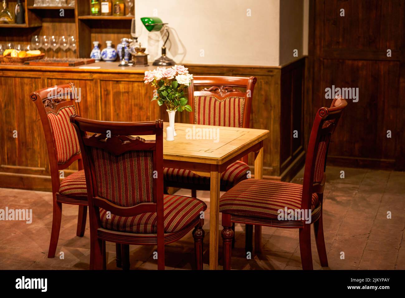 Table layout and table and chairs in traditional old restaurant Stock ...
