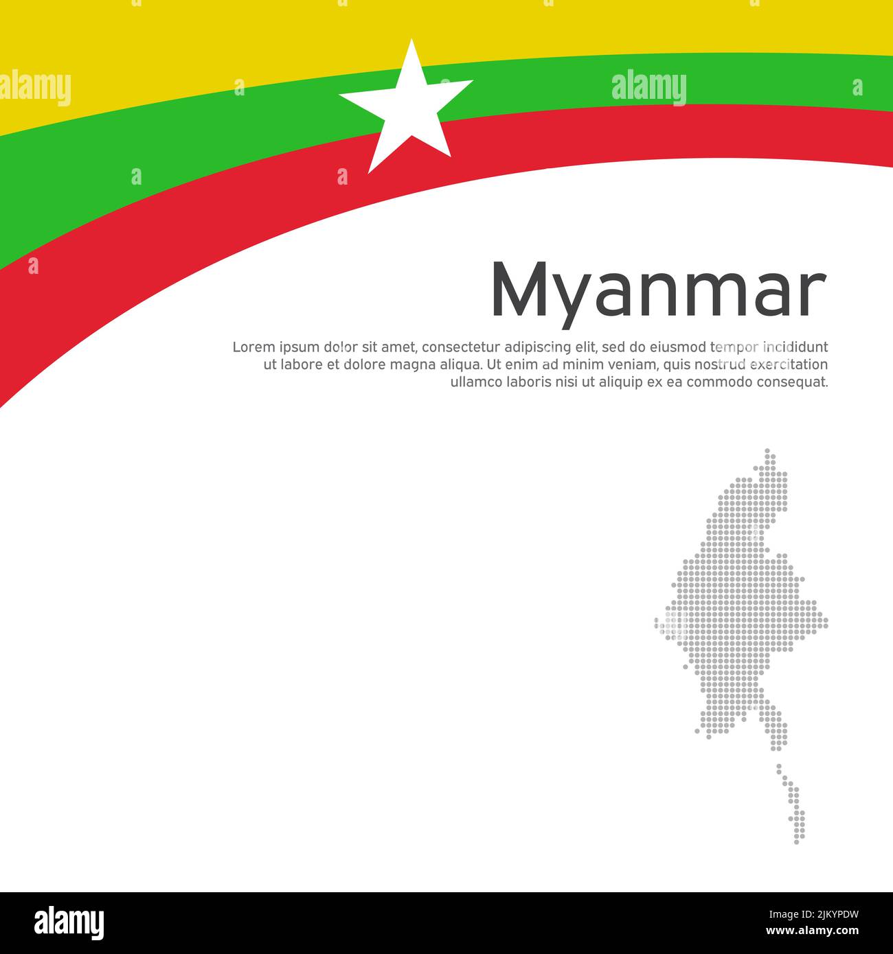 Myanmar flag, mosaic map on white background. Wavy ribbon with myanmar flag. Vector flat banner ...