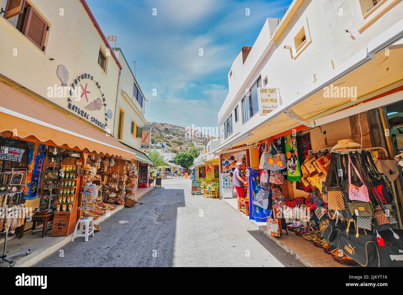 Various touristic shops in the street of Matala, Crete island, Greece ...