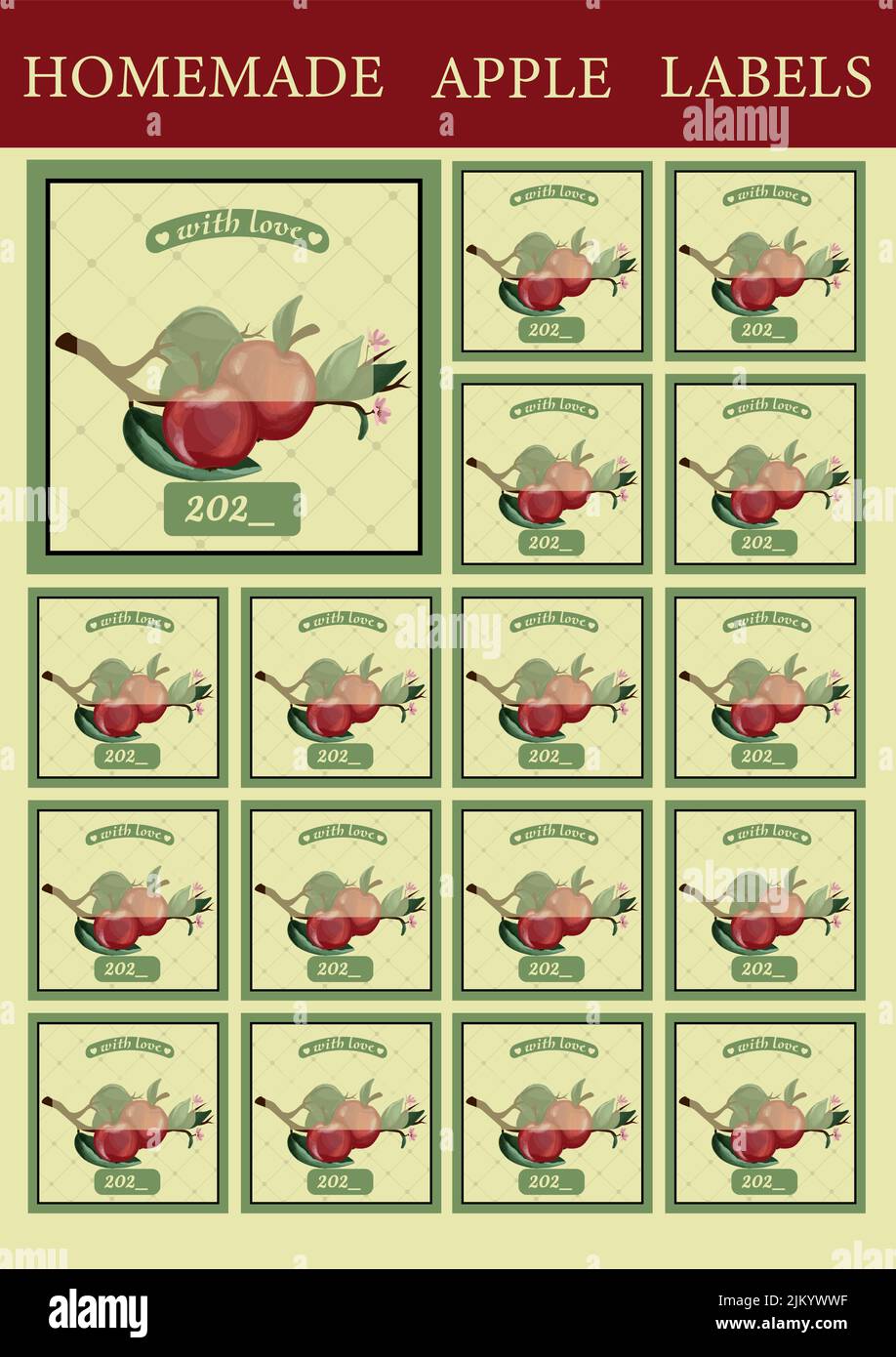 Square labels for apples. jam sticker. Packaging for home cooking. Red ...
