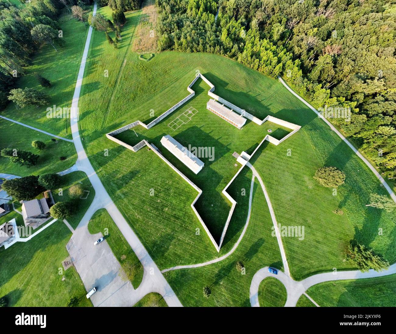 An aerial view of the green landscape, roads, and green trees in Fort ...