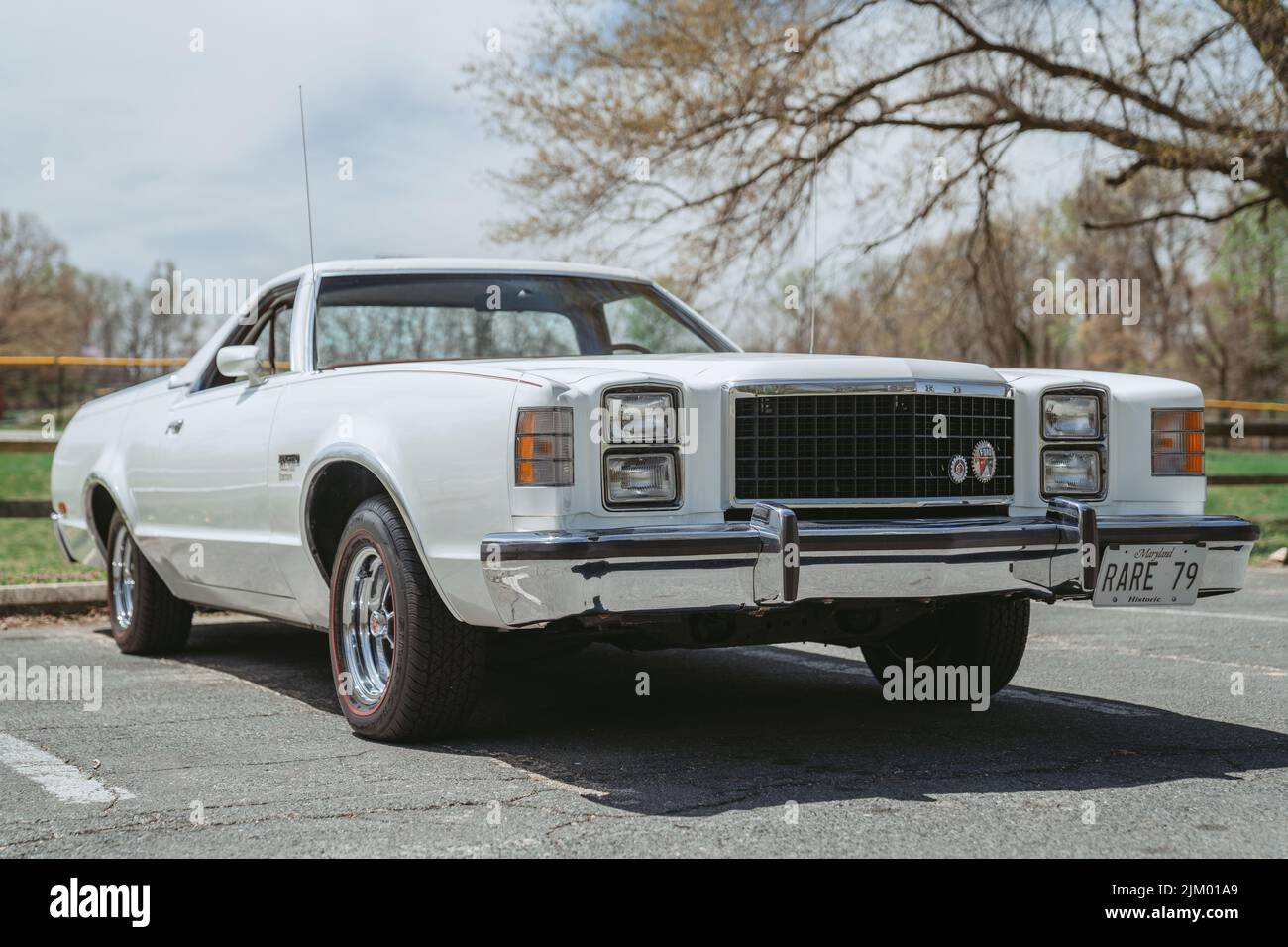 A beautiful Shot from front side of a 1979 white Ford Ranchero classic ...
