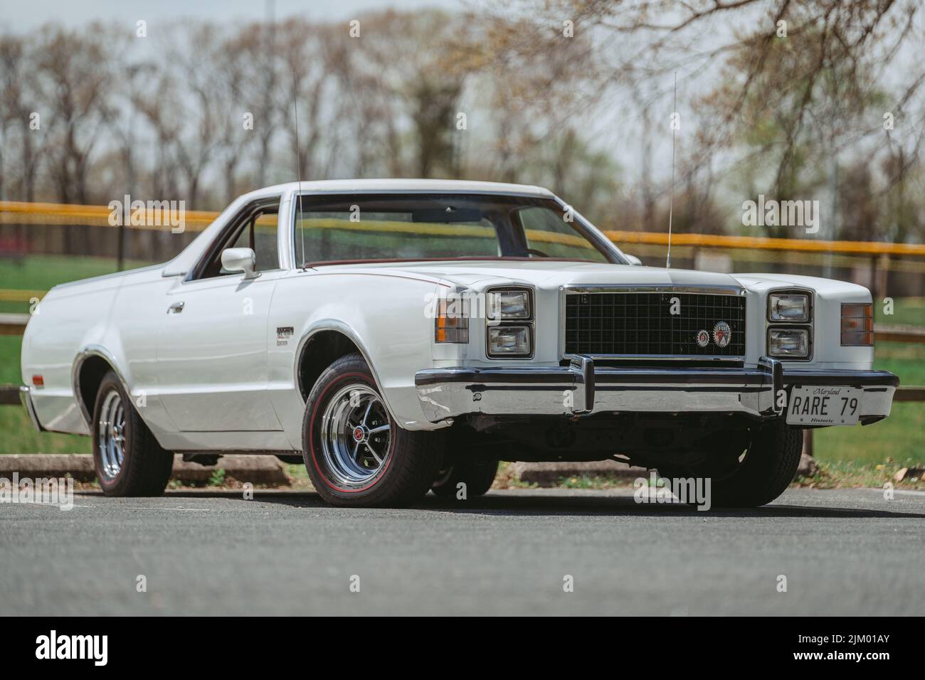 A beautiful Shot from front side view of a 1979 white Ford Ranchero ...