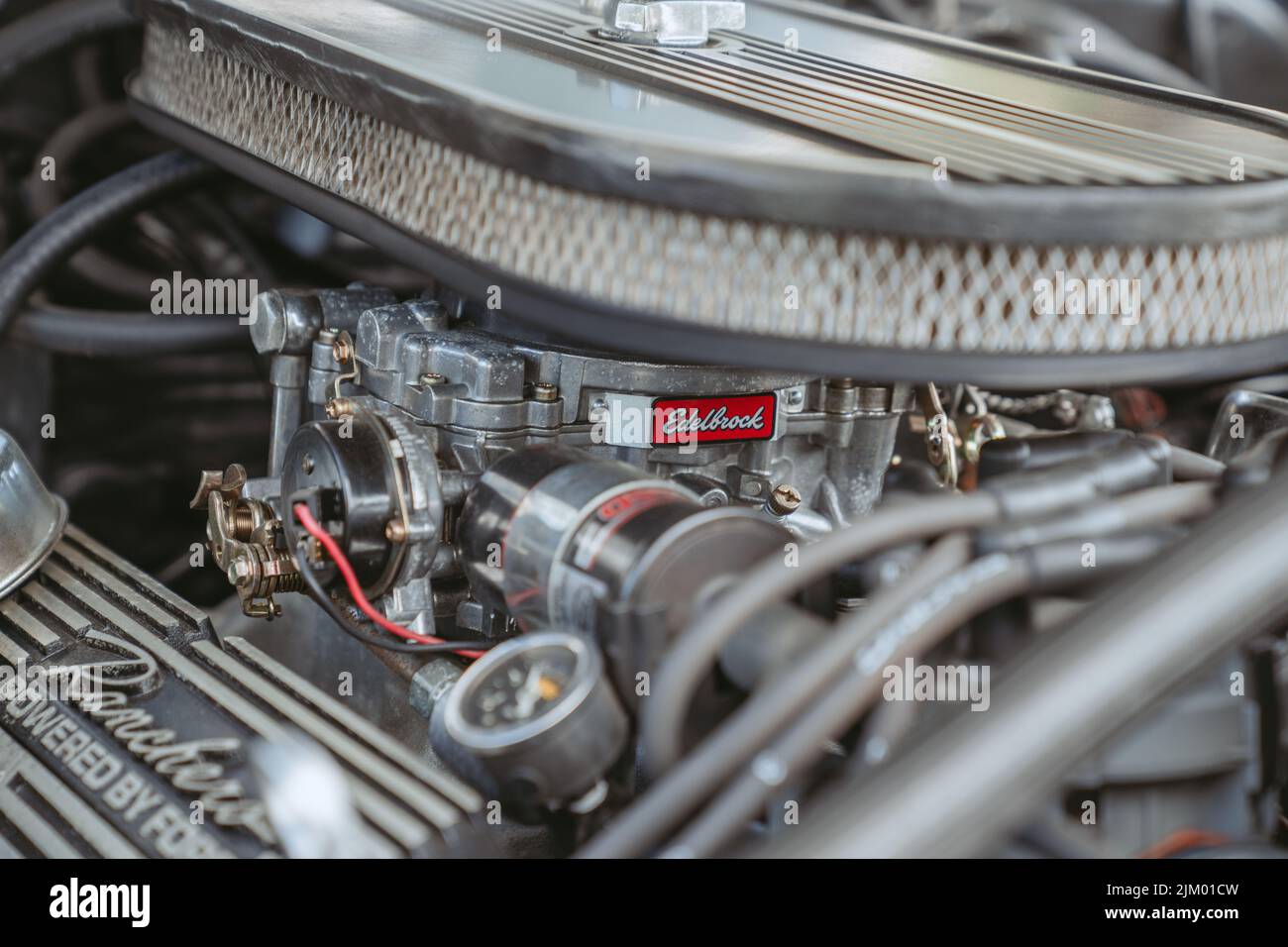 Closeup shot of the engine of a1979 Ford Ranchero white classic car ...