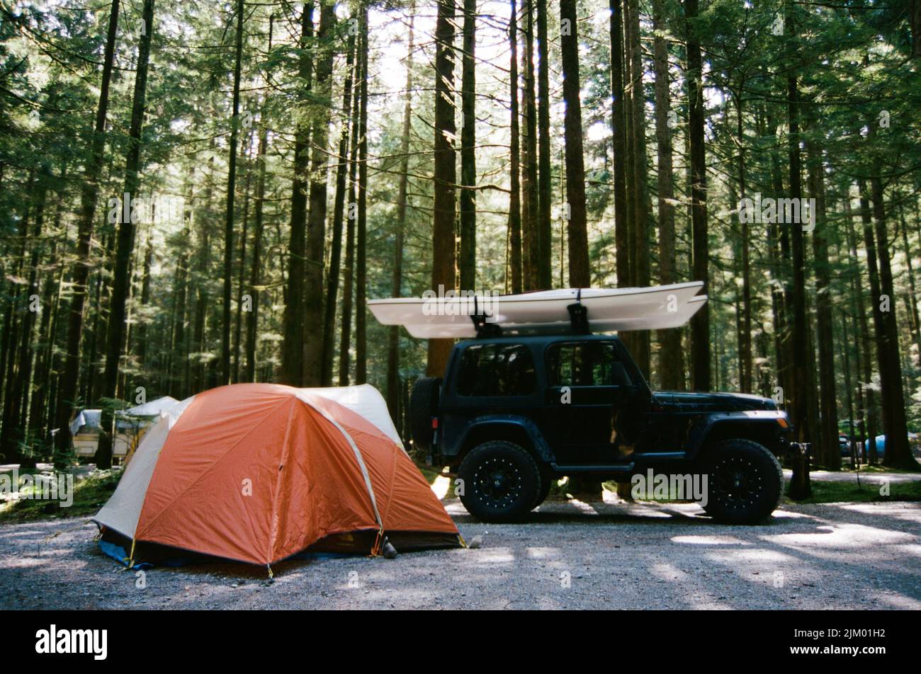 An orange camping tent in a campground in Golden Ears Provincial Park ...