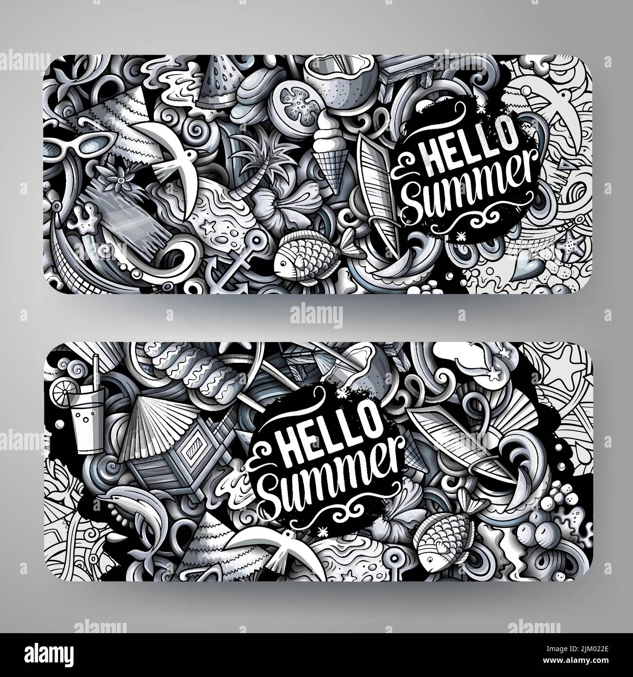 Cartoon cute doodles Summer Beach horizontal banners set Stock Vector ...