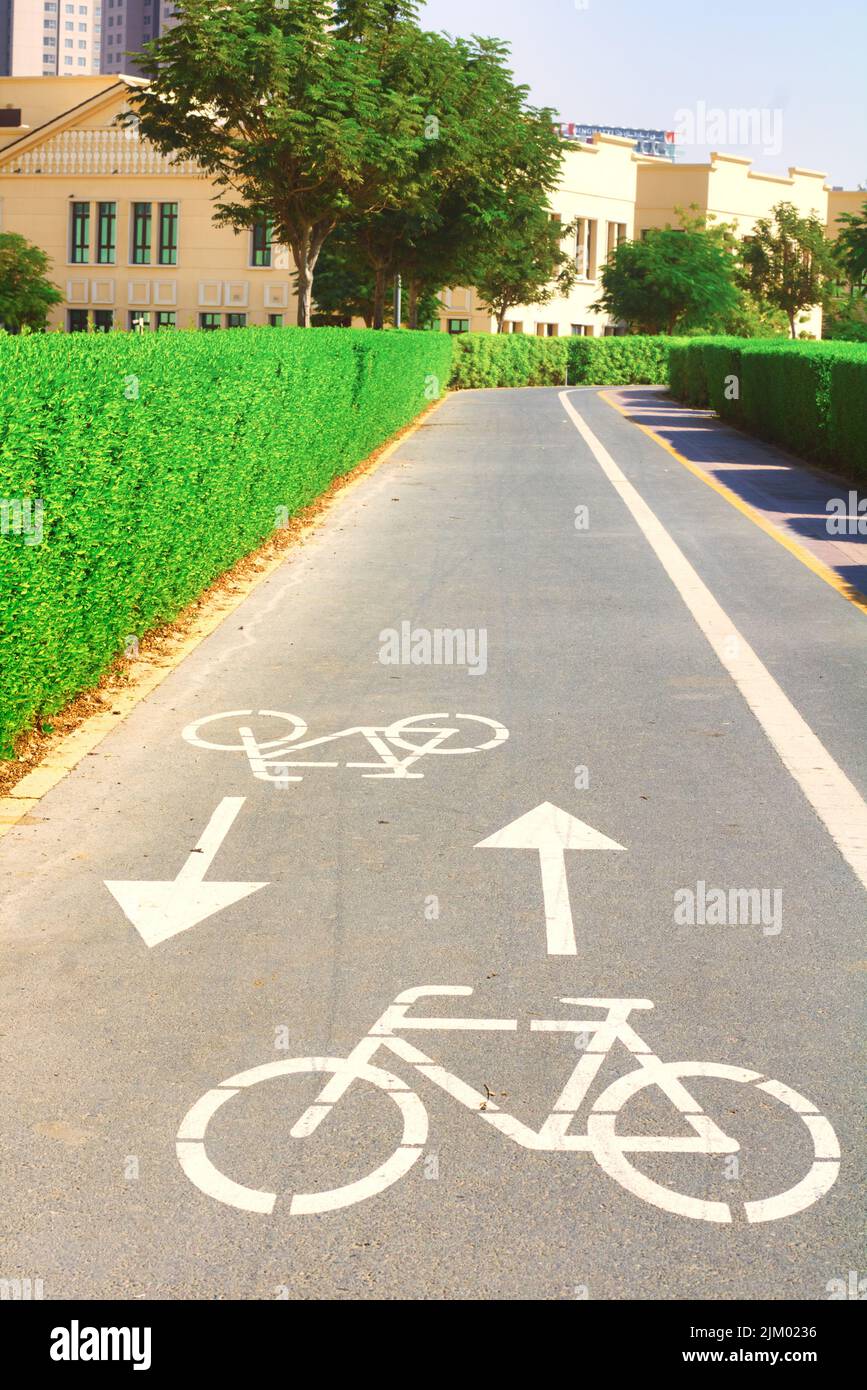 A vertical shot of a bicycle track inside the Liwan residential area ...