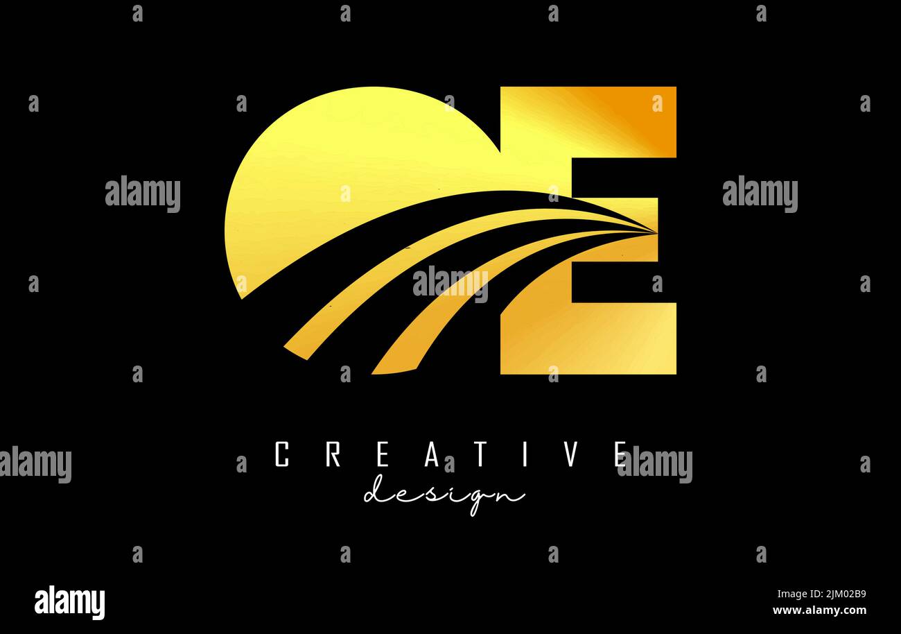 Creative golden letter Oe o e logo with leading lines and road concept ...