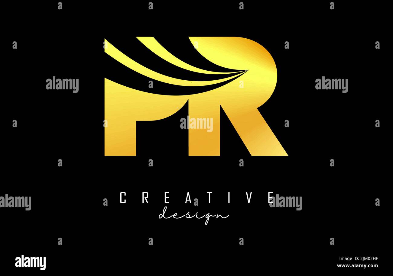 Creative golden letter PR p r logo with leading lines and road concept ...