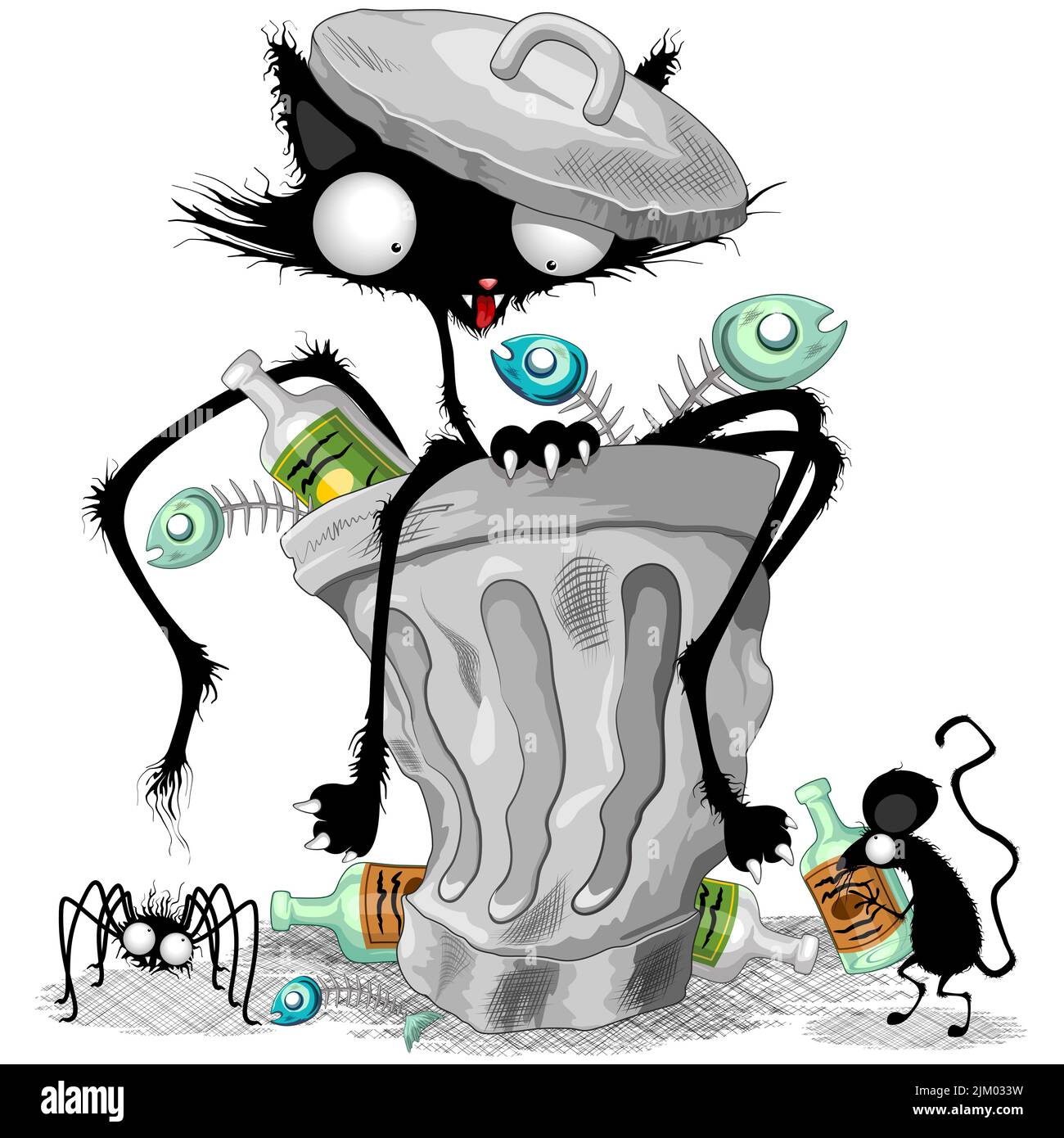 Funny Cat on Trash Can, Mouse and Spider Cartoon Characters, surrounded ...