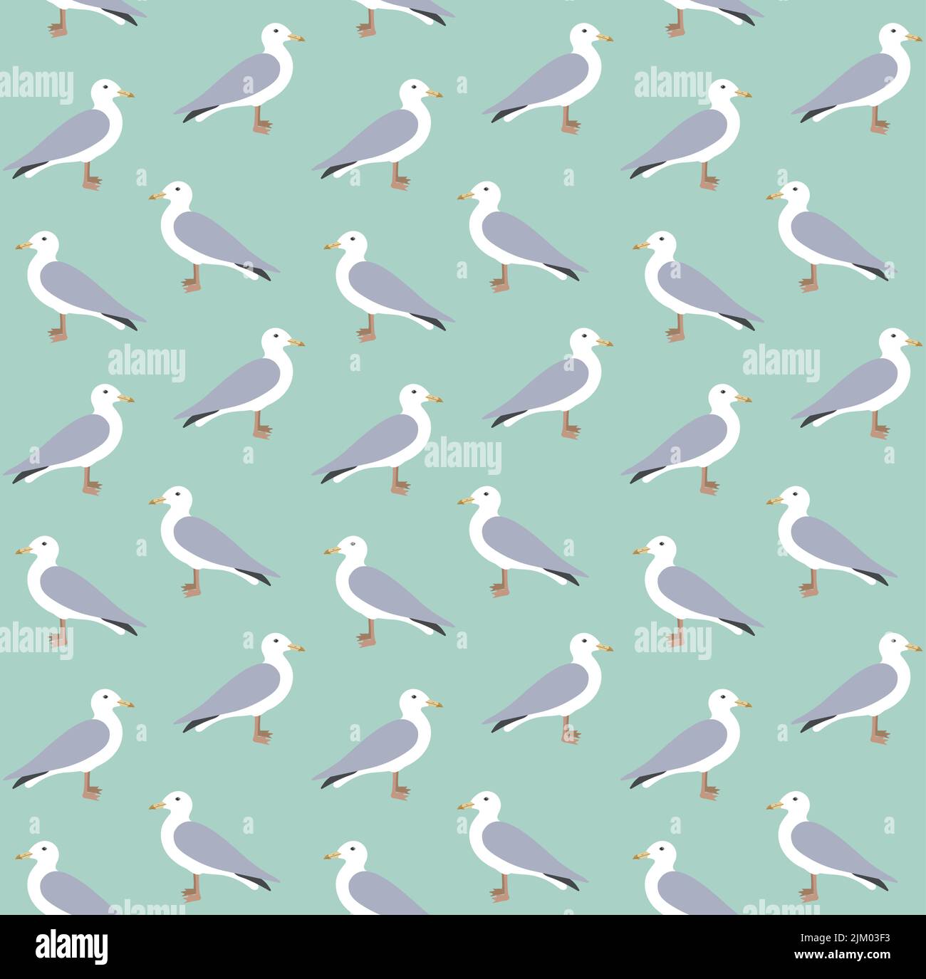 Vector seamless pattern of hand drawn flat seagull isolated on mint ...