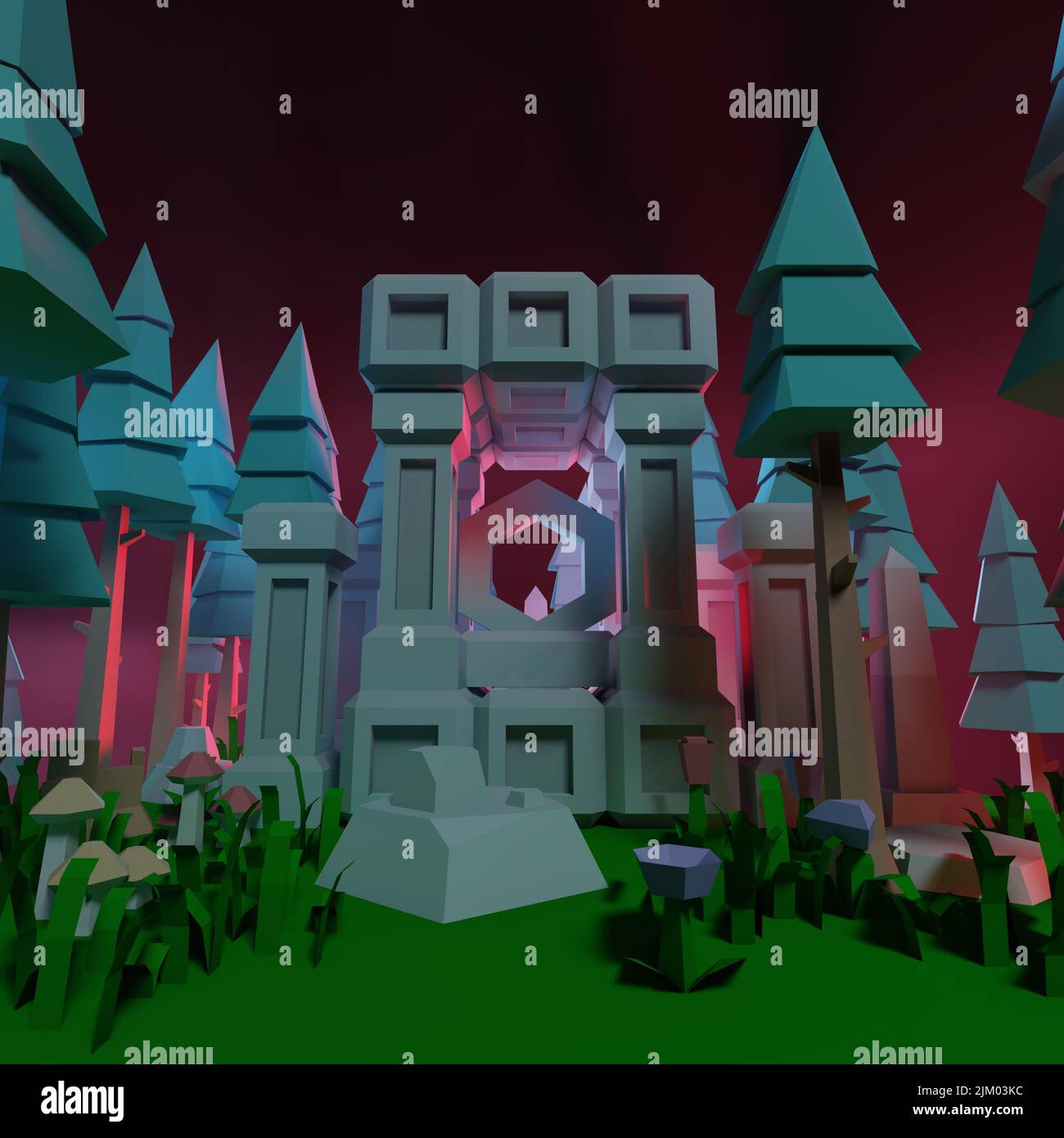 3D digital render of a cute low poly stone and brick shrine or altar in ...