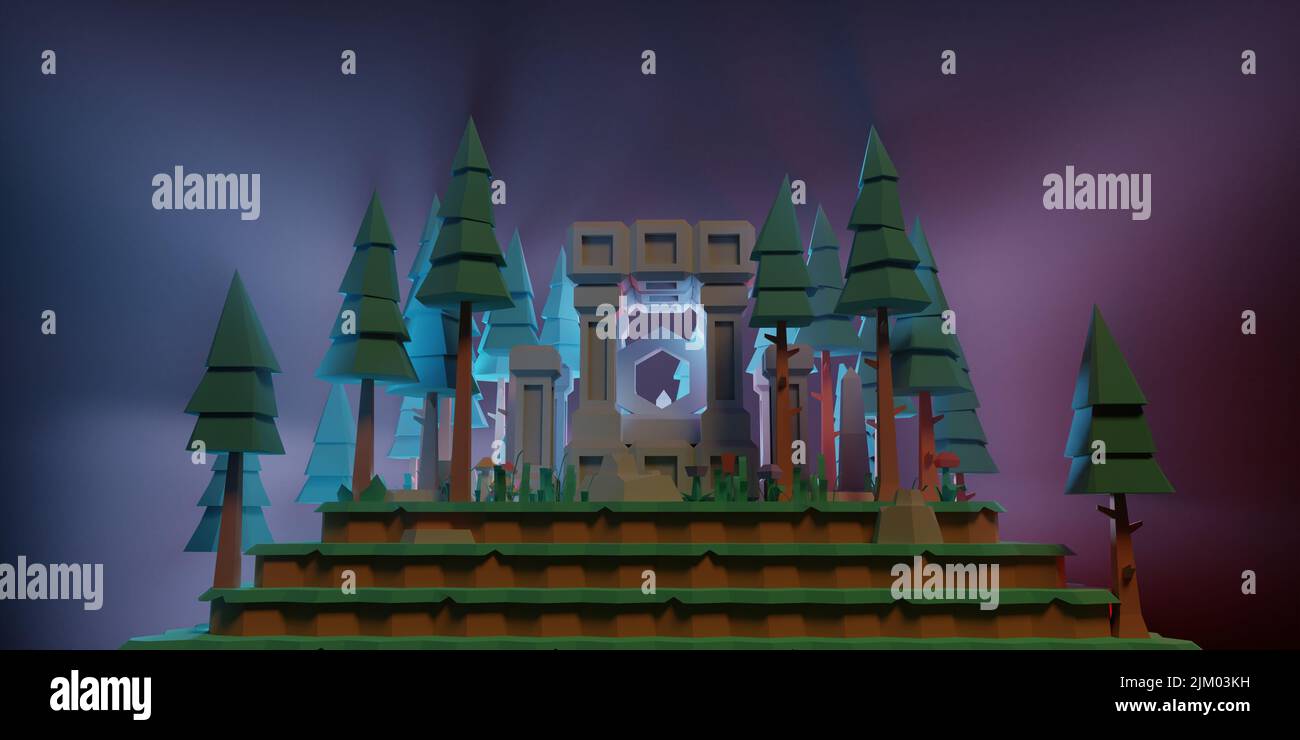 3D digital render of a cute low poly stone and brick shrine or altar in ...