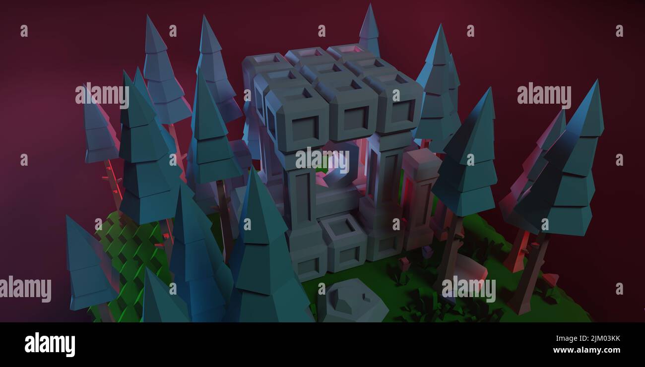 3D digital render of a cute low poly stone and brick shrine or altar in ...