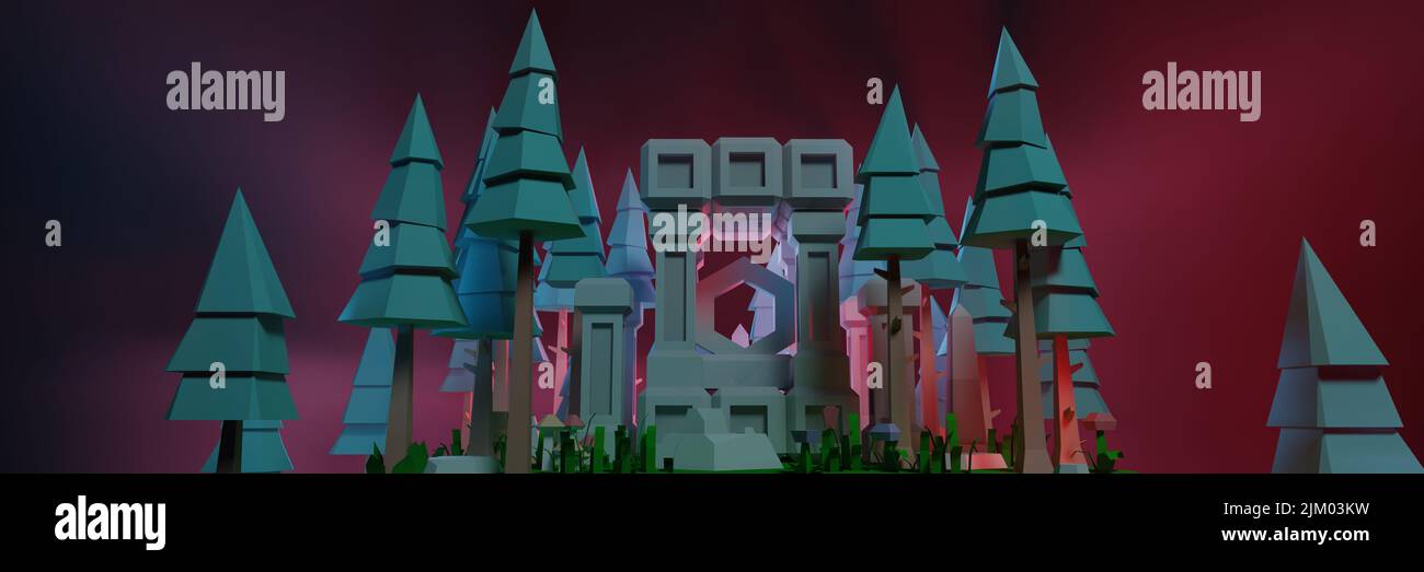 3D digital render of a cute low poly stone and brick shrine or altar in ...