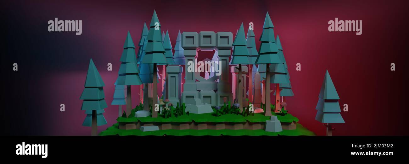 3D digital render of a cute low poly stone and brick shrine or altar in ...