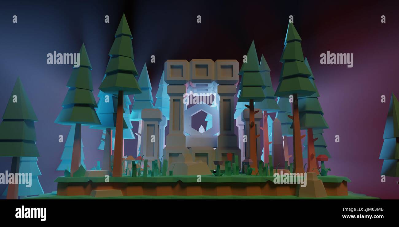 3D digital render of a cute low poly stone and brick shrine or altar in ...