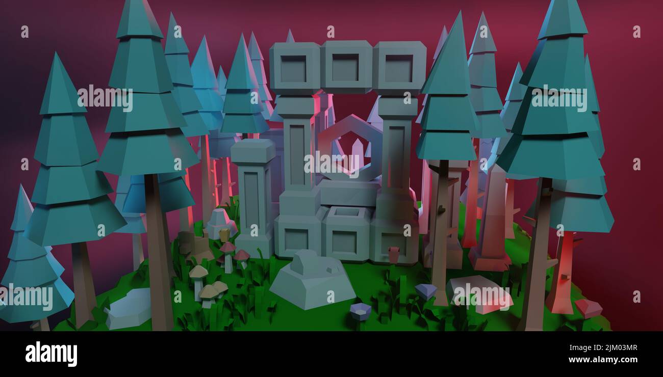 3D digital render of a cute low poly stone and brick shrine or altar in ...