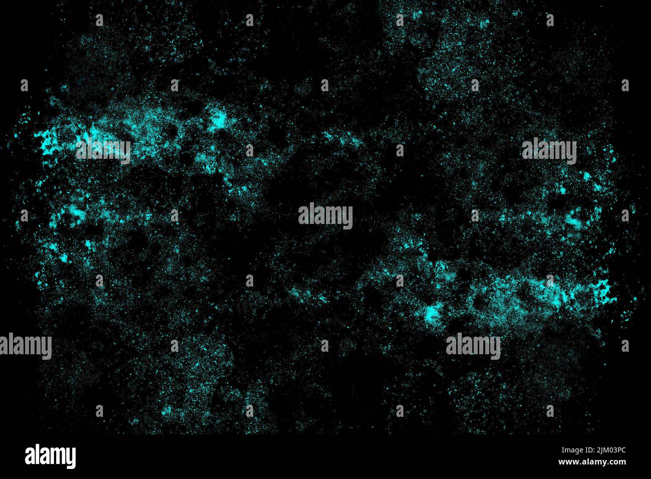 Cyan color scattered heavy grunge texture on black metal background ...