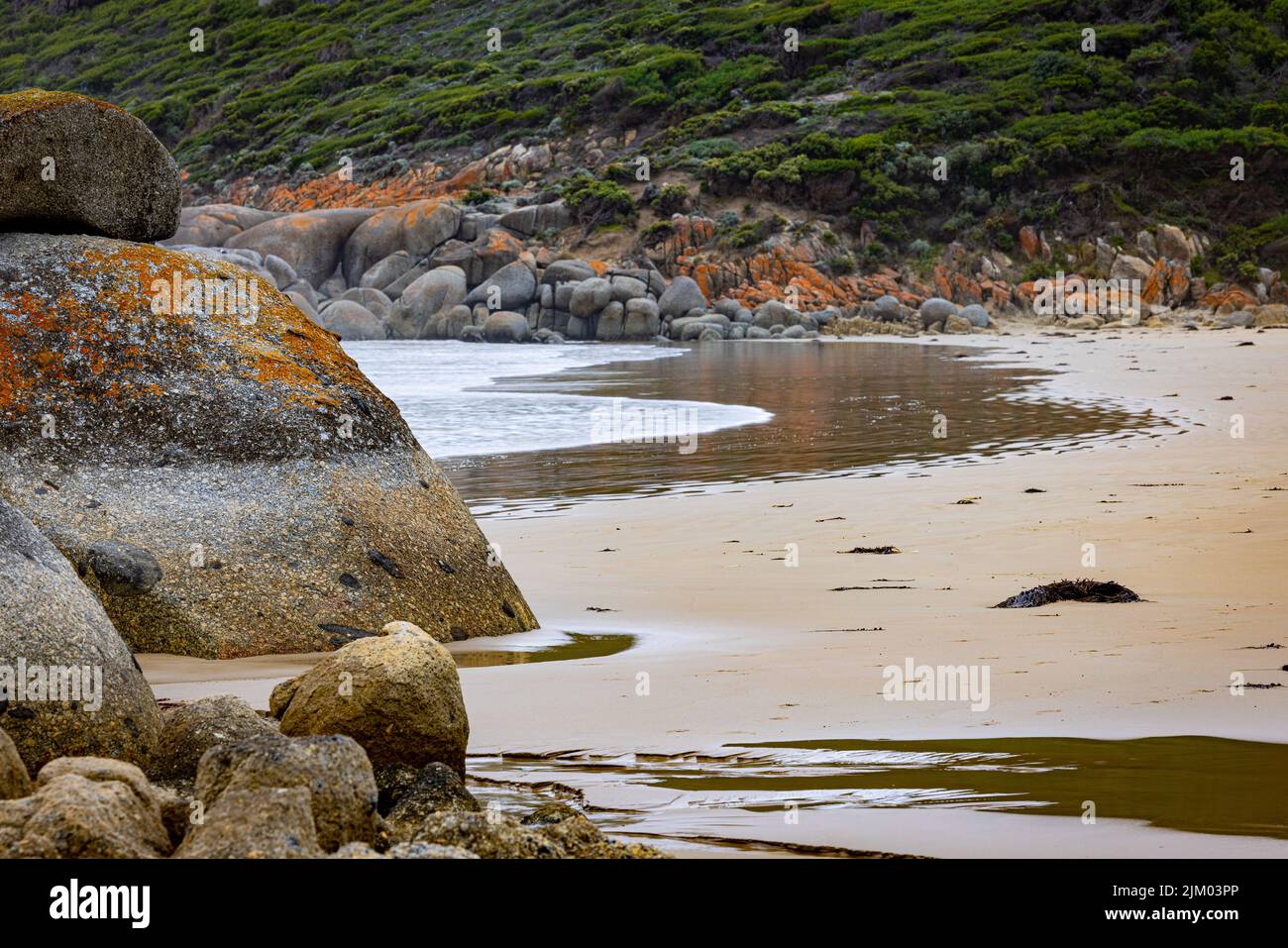 A scenic view of a rocky beach at Whiskey Bay, Wilsons Promontory ...
